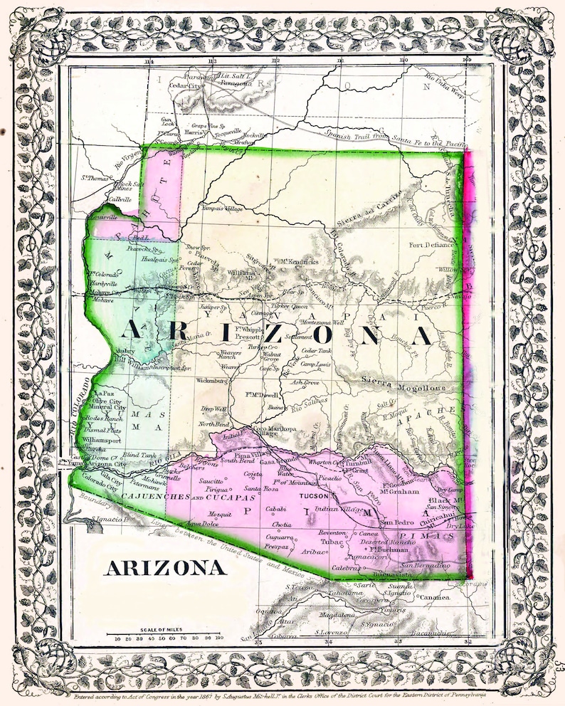 1867 Map of Arizona by Samuel Augustus Mitchell - Etsy