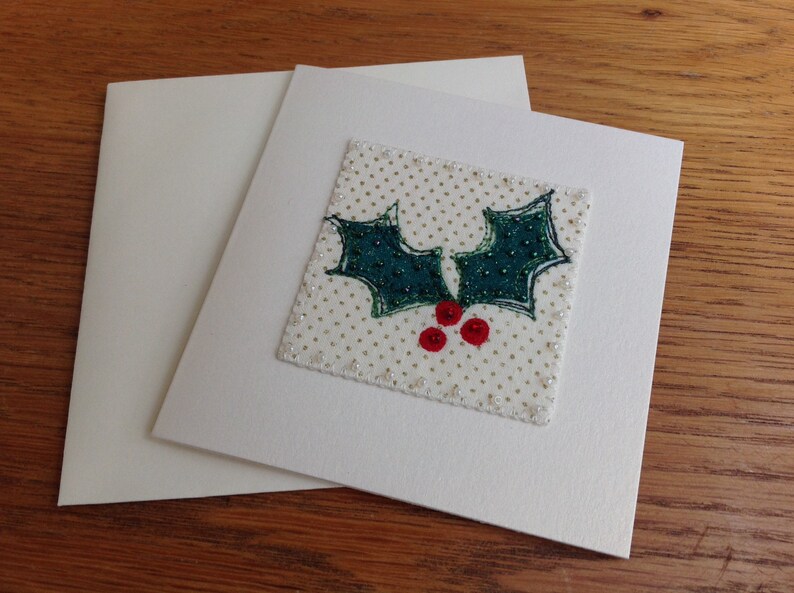 Holly Christmas Card, Handmade, Hand and Machine Stitched. Xmas Card - Etsy