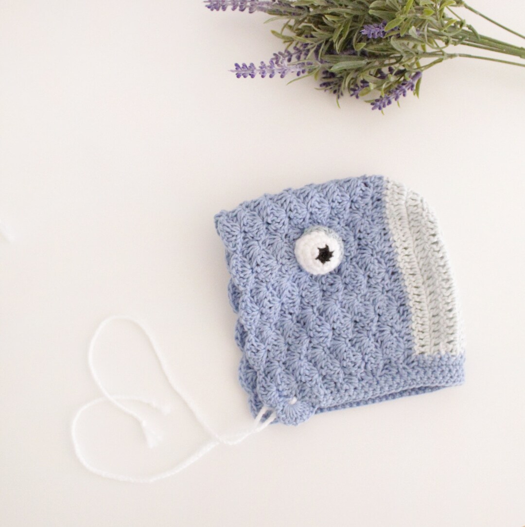 Blue Baby Bonnet With Funny Eyes and Chin Straps Bonnet Blue Handmade ...