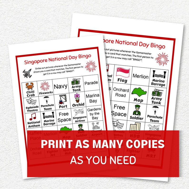 Singapore National Day Bingo Cards Printable, 50 Bingo Cards PDF ...