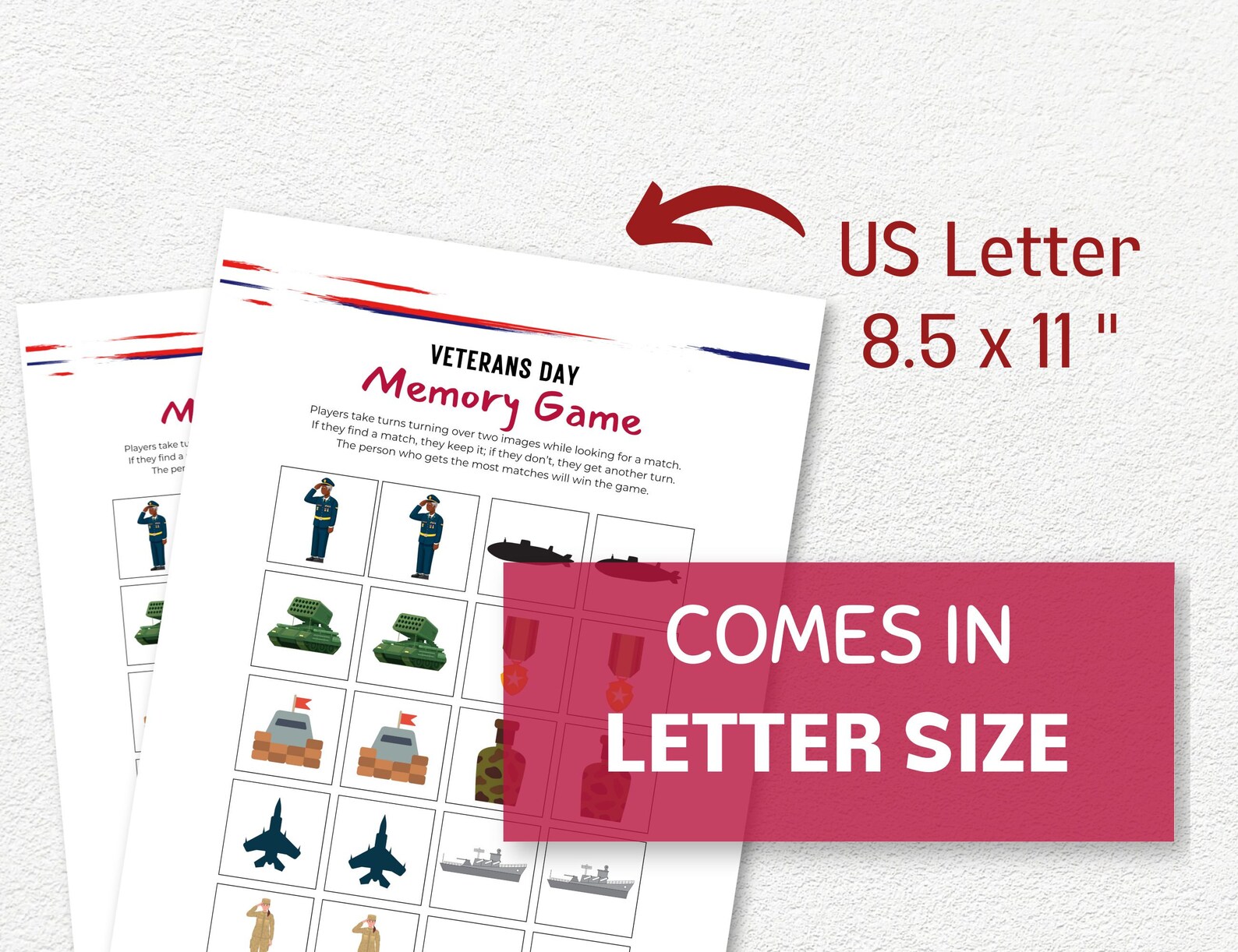 Veterans Day Memory Match Game, Veterans Day Memory Game Printable ...