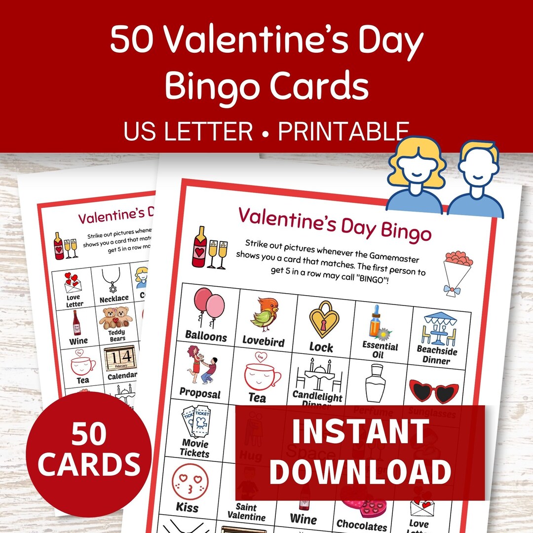 Valentine’s Day Bingo Cards, 50 Printable Bingo Cards PDF, Families and ...