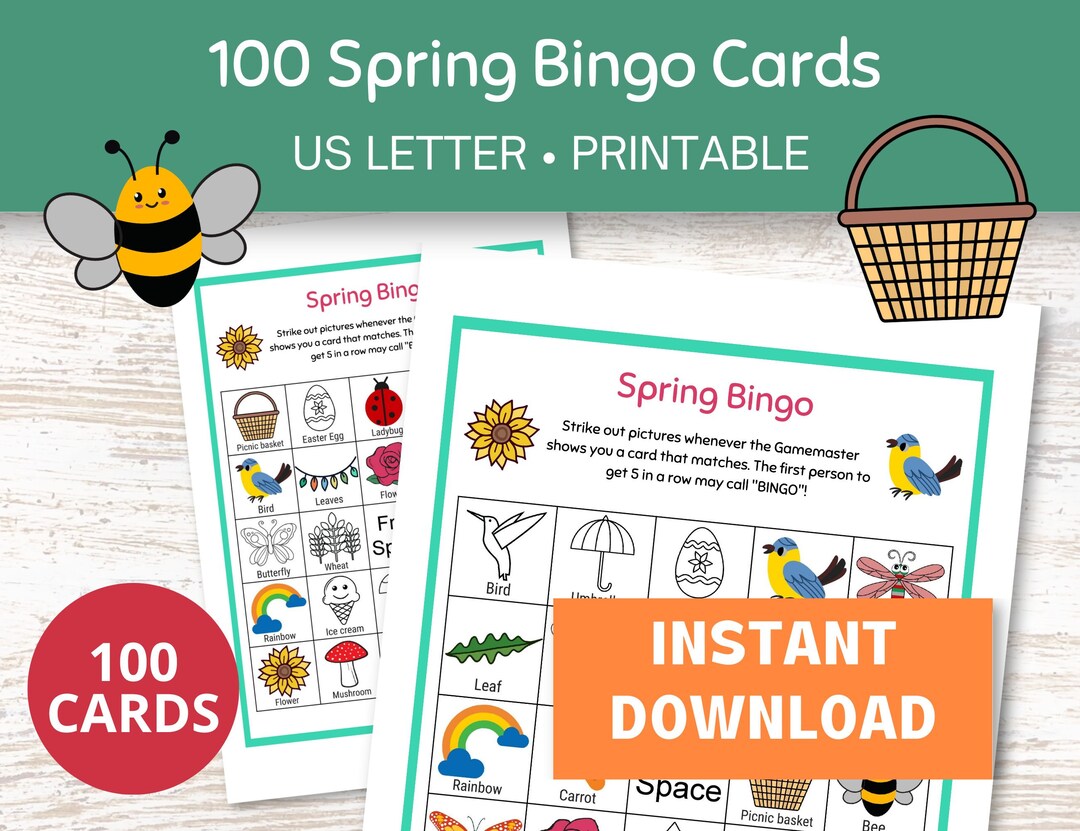 Spring Bingo Cards Printable, Seasonal Bingo 100 Cards, Spring ...