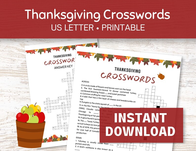 Thanksgiving Crossword Puzzle Printable Puzzle Games Adults - Etsy
