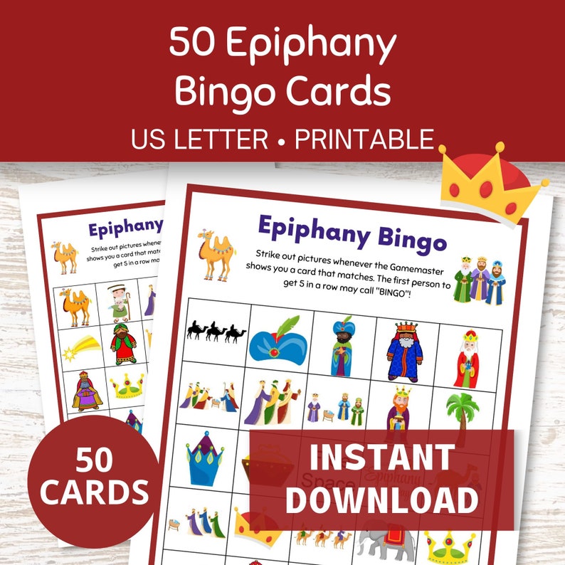 Epiphany Bingo Cards, 50 Bingo Printable Cards for Three Kings Day ...