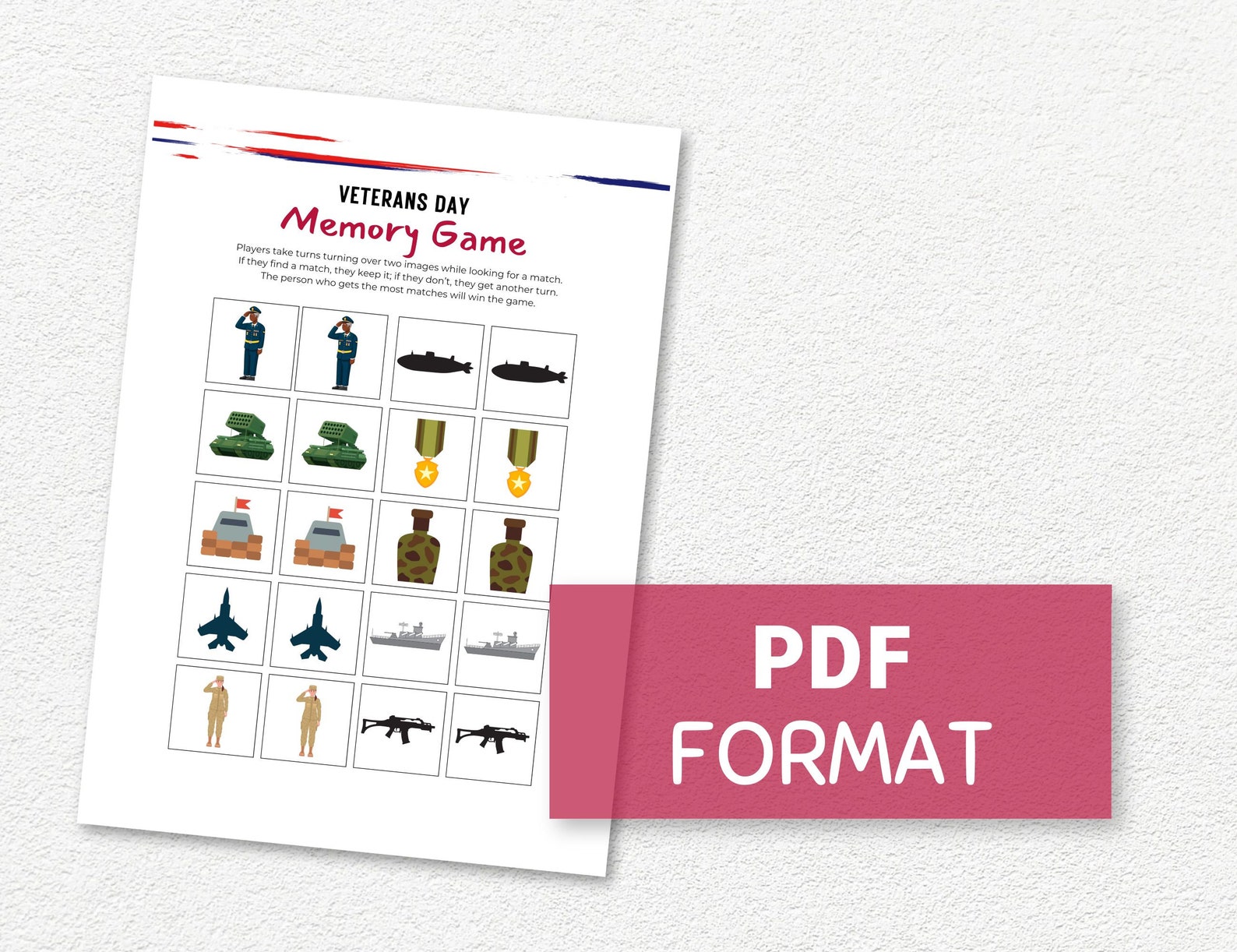 Veterans Day Memory Match Game, Veterans Day Memory Game Printable ...