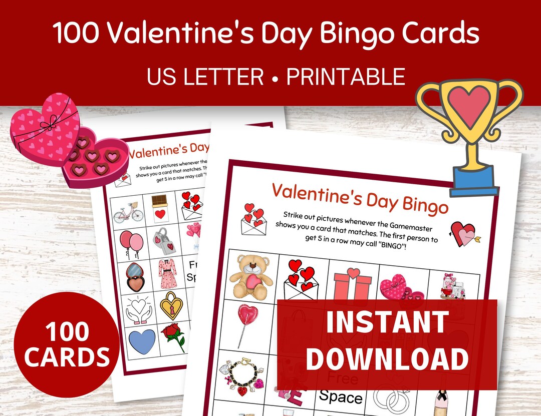 Valentine’s Day Bingo, 100 Bingo Cards Printable, Love Themed Bingo ...