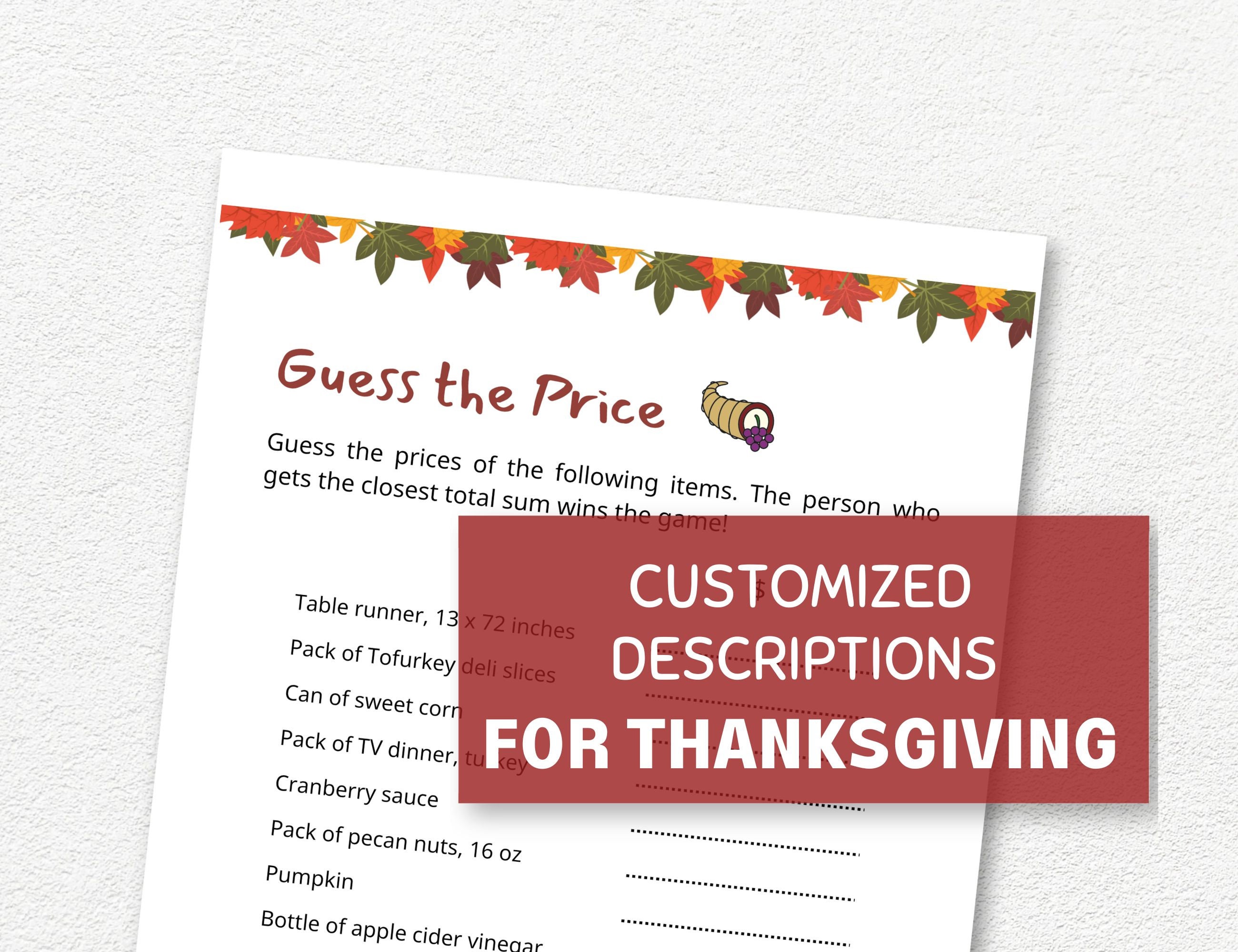 Thanksgiving Guess the Price Printable, Thanksgiving Guessing Game ...