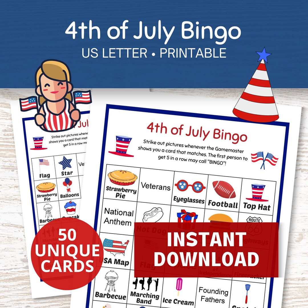 4th of July Bingo Cards Printable, 50 Patriotic Bingo Cards ...