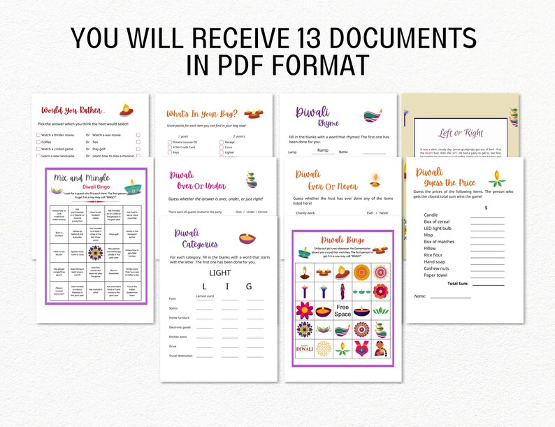 Diwali Games Bundle, 10 Printable Party Games for Kids and Adults, Mix ...