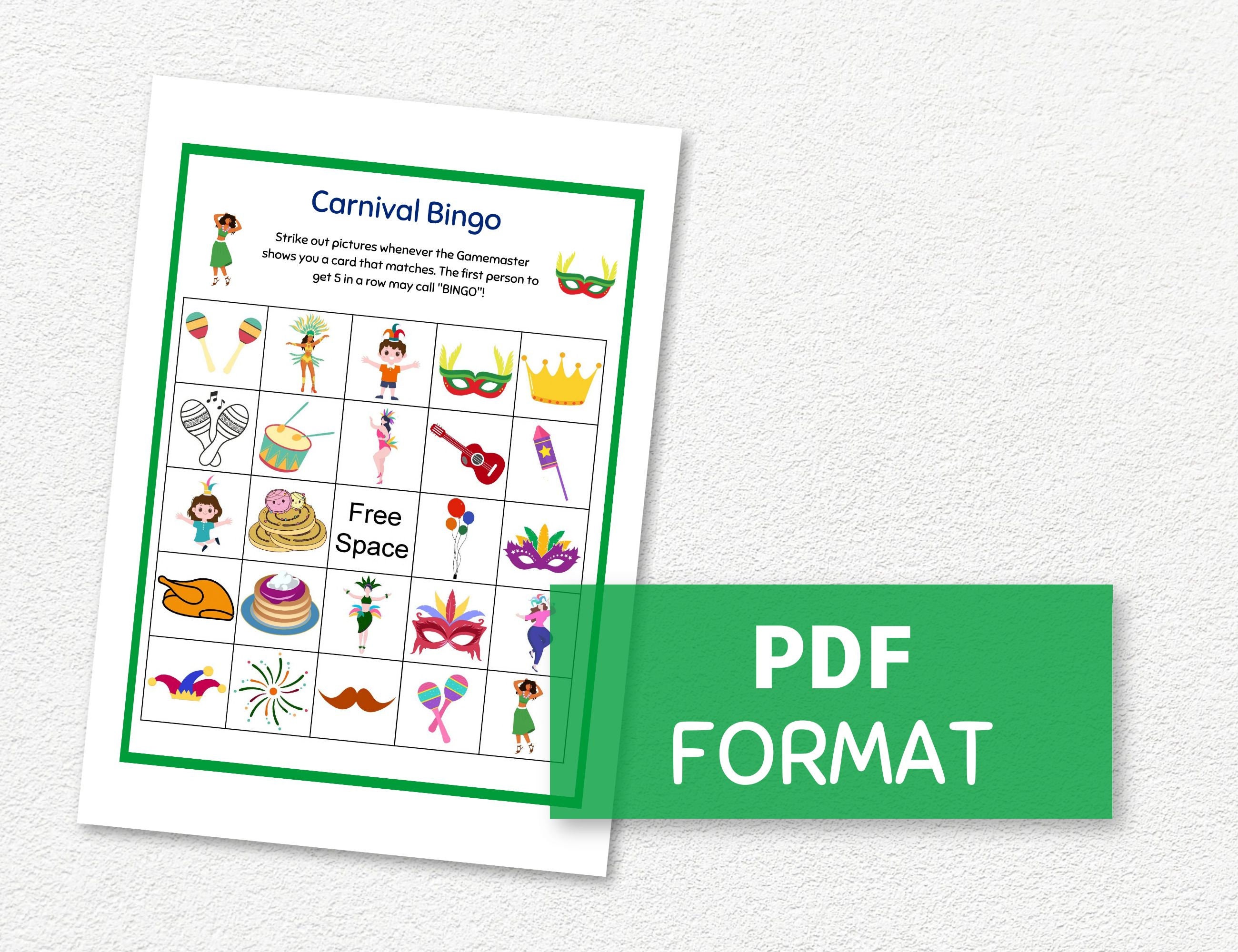 Carnival Bingo, 100 Bingo Cards for Carnival, Mardi Gras Bingo Cards ...