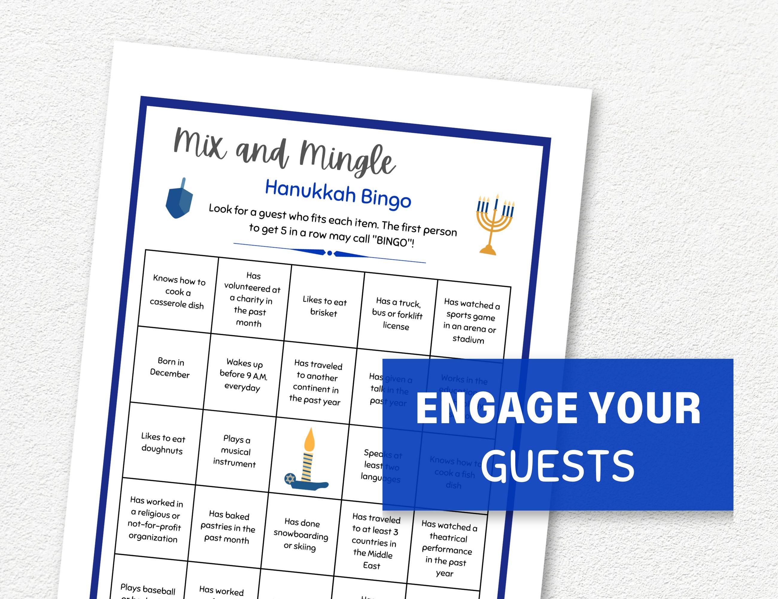 Hanukkah Mix and Mingle Bingo, Find the Guest Printable, Chanukah Bingo ...