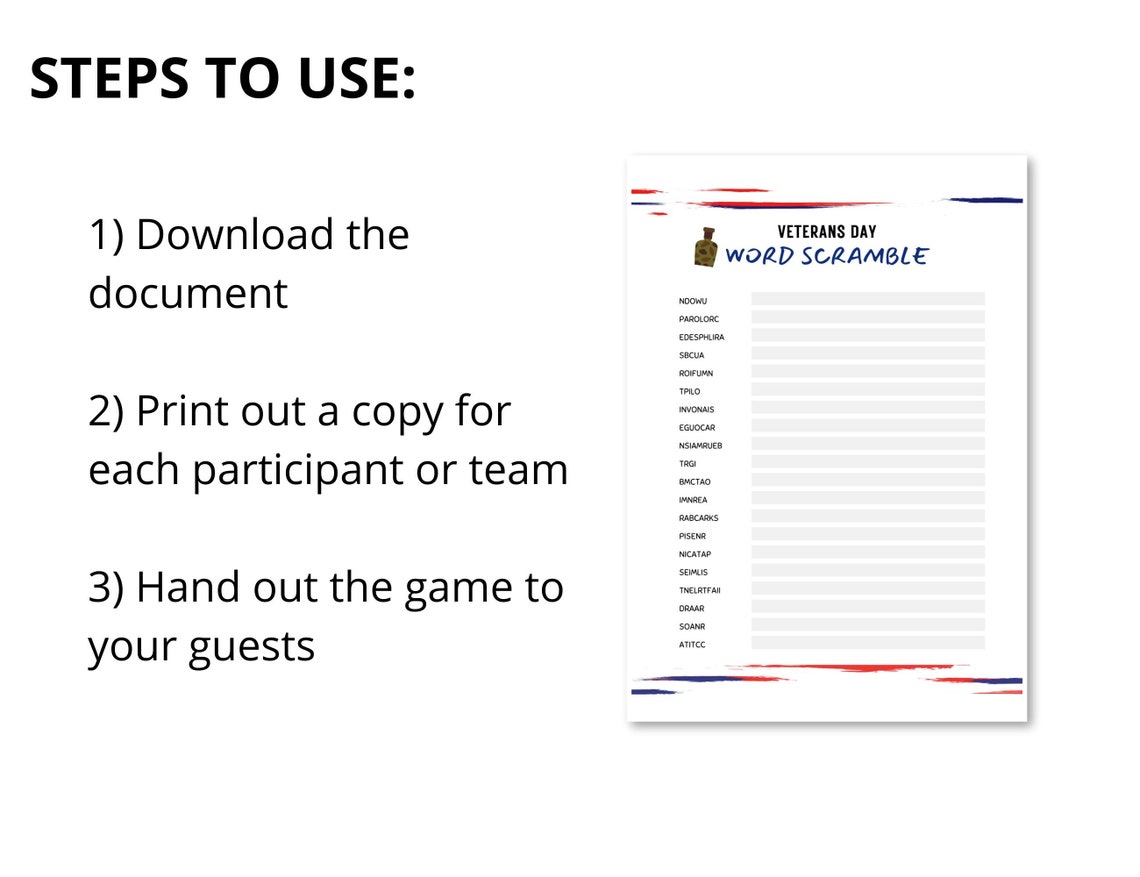 Veterans Day Word Scramble Printable, Veterans Day Games for Family ...