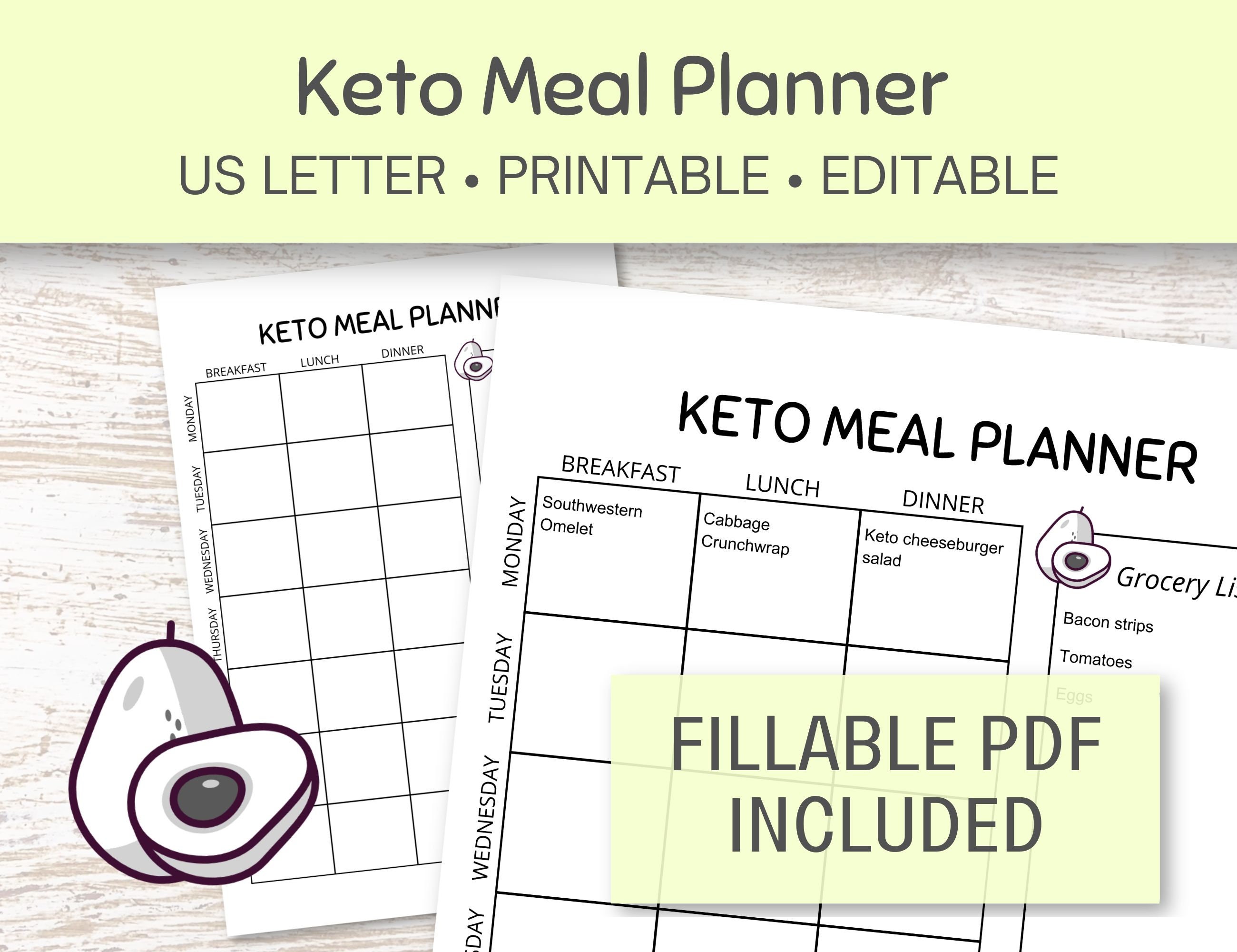 Keto Meal Planner, PDF Printable Weekly Meal Planner, Fillable Grocery ...