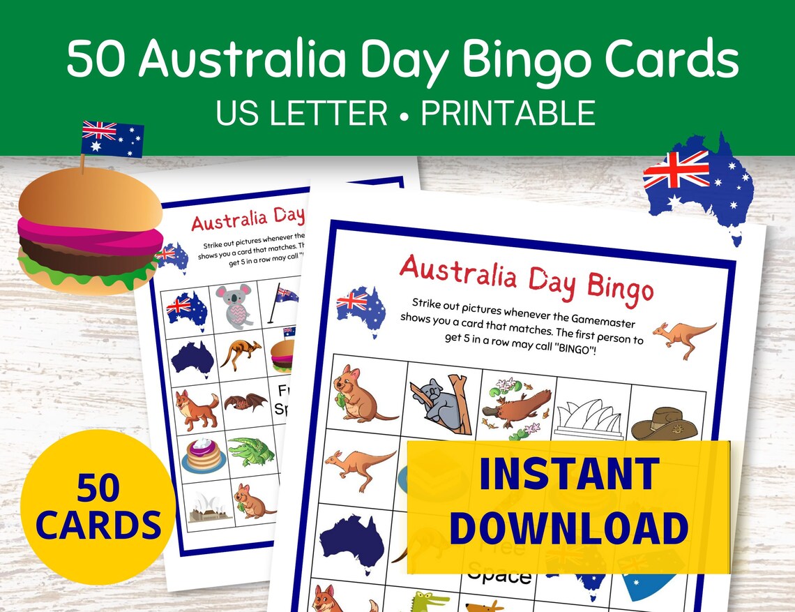 Australia Day Bingo, 50 Straya Day Bingo Printable Cards, Australian ...