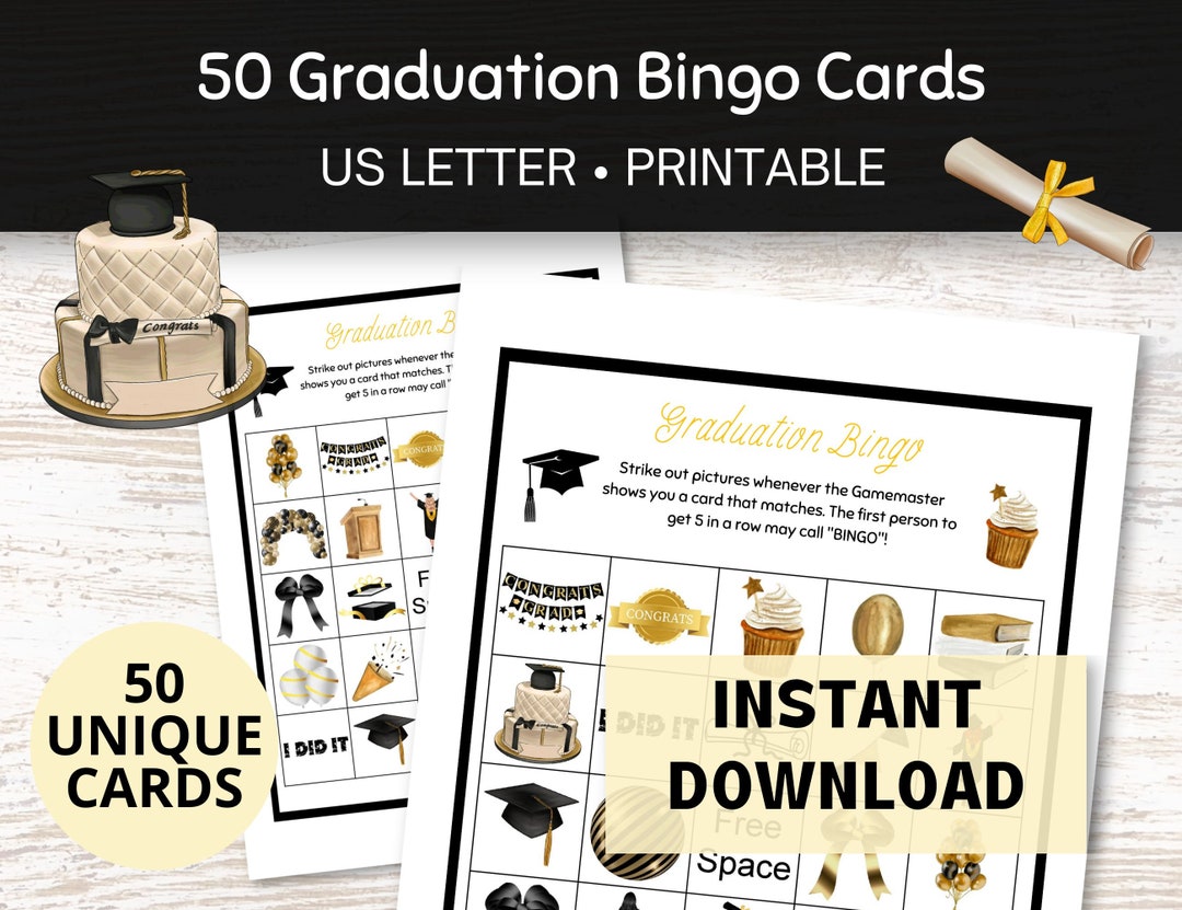 Graduation Bingo Printable, 50 Black and Gold Graduation Bingo Cards ...