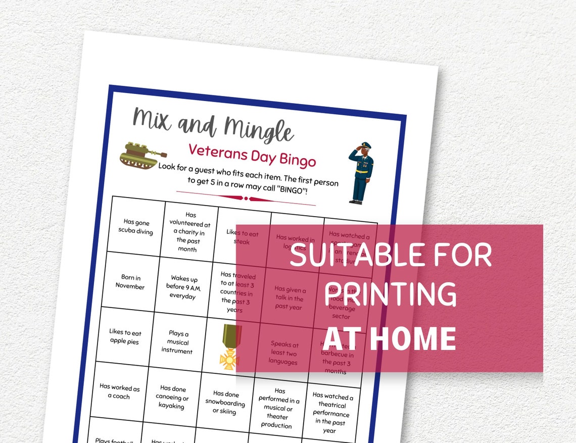 Veterans Day Mix and Mingle Bingo, Find the Guest Printable in Letter ...