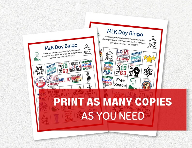 MLK Bingo Game, 50 Bingo Printable Cards for Martin Luther King Jr Day ...
