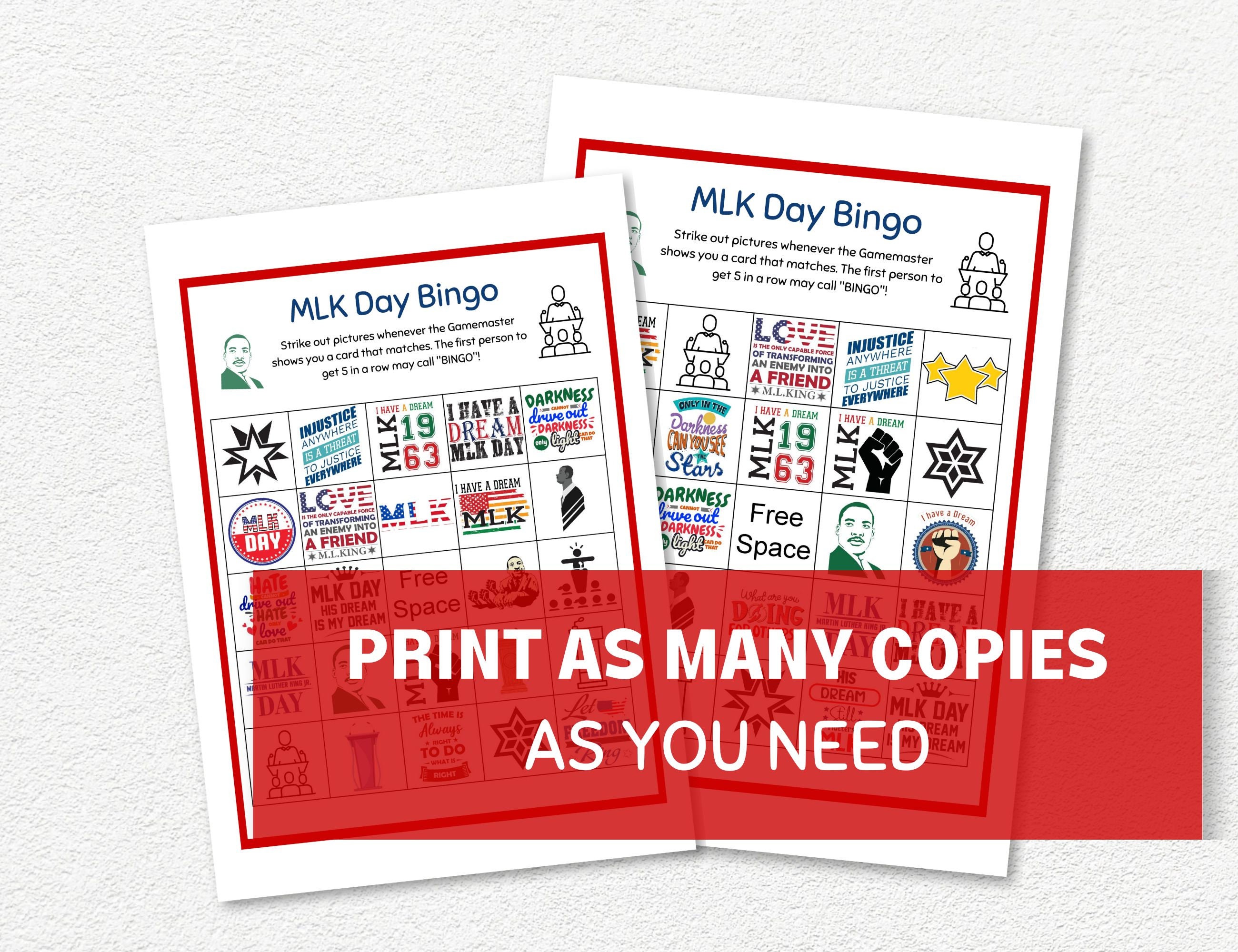 MLK Bingo Game, 50 Bingo Printable Cards for Martin Luther King Jr Day ...