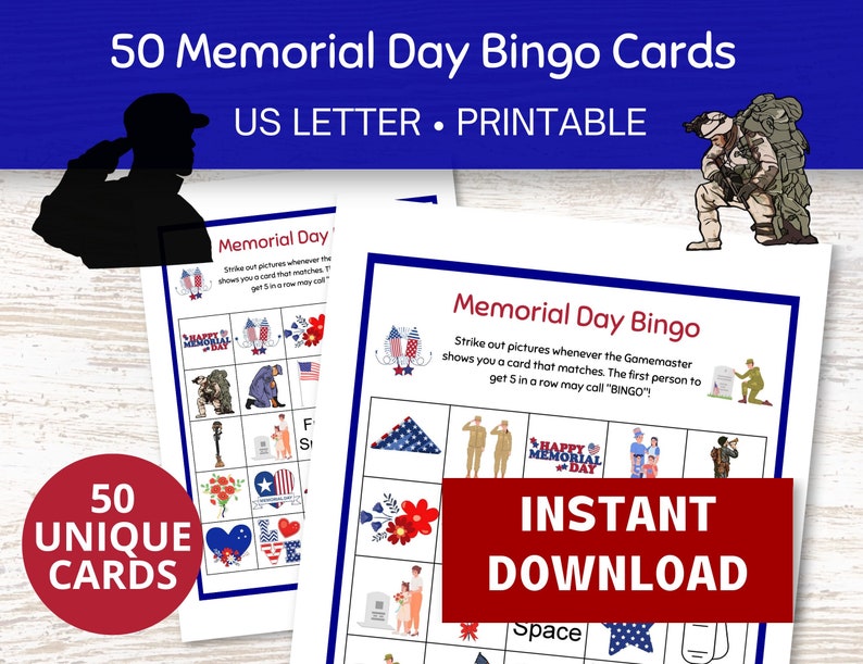 Memorial Day Bingo Cards, 50 Printable PDF Bingo Cards for Memorial Day ...