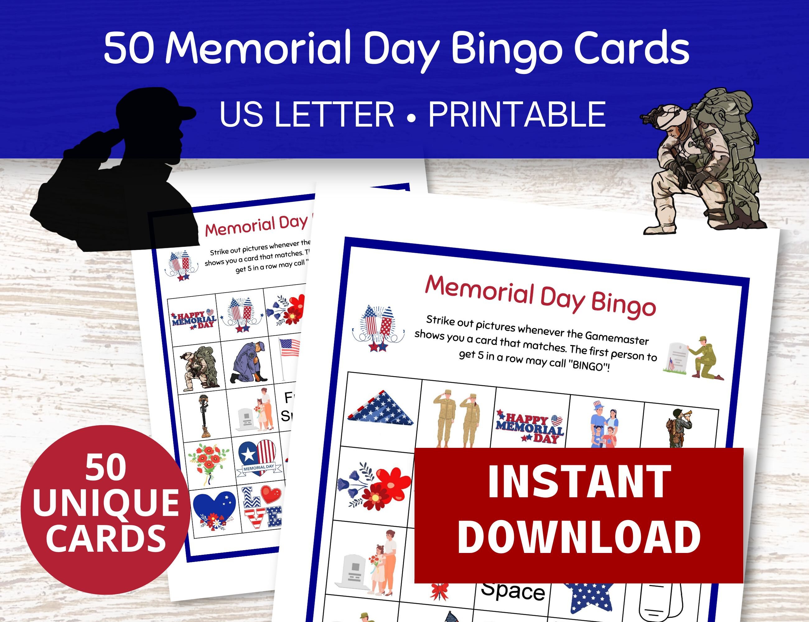 Memorial Day Bingo Cards, 50 Printable PDF Bingo Cards for Memorial Day ...