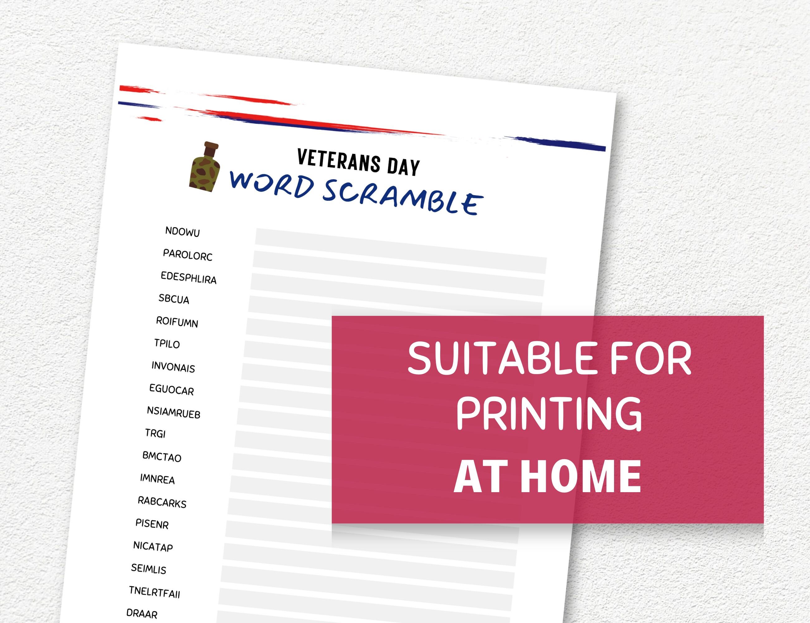 Veterans Day Word Scramble Printable, Veterans Day Games for Family ...
