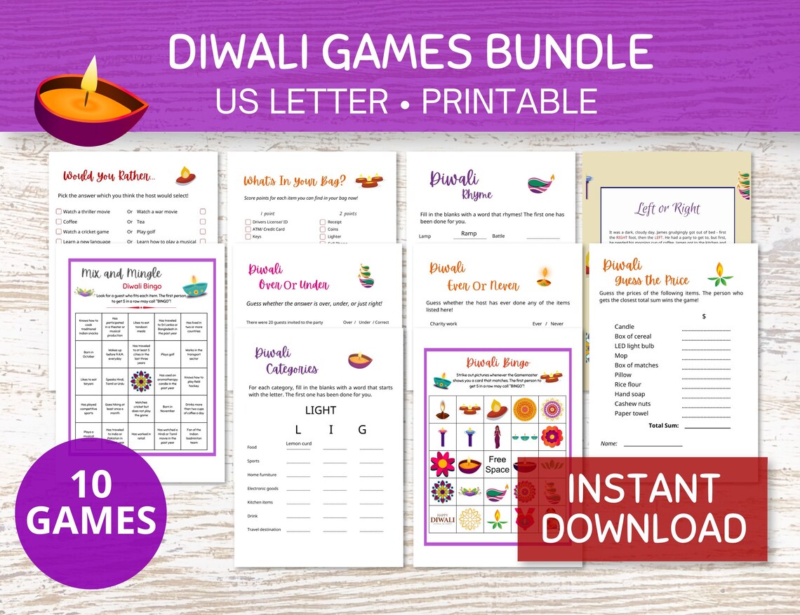 Diwali Games Bundle, 10 Printable Party Games for Kids and Adults, Mix ...