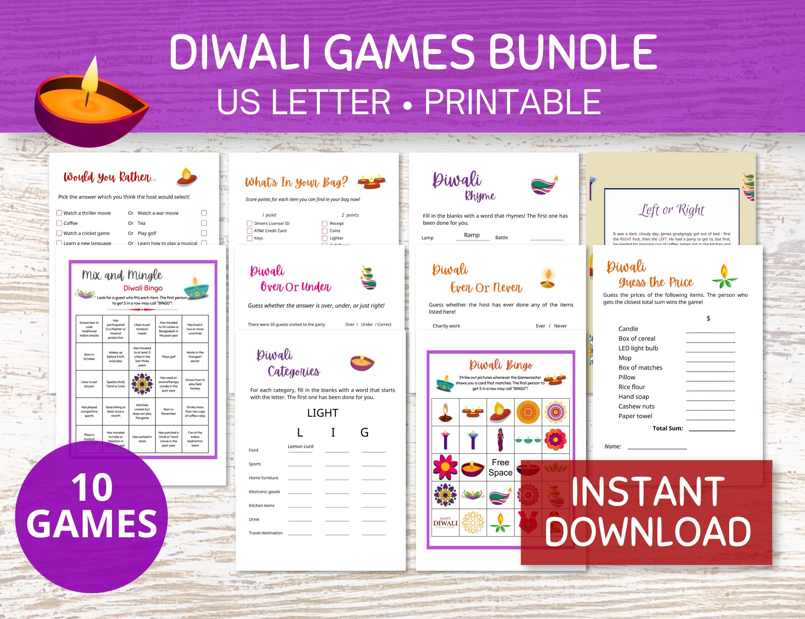 Diwali Games Bundle, 10 Printable Party Games for Kids and Adults, Mix ...