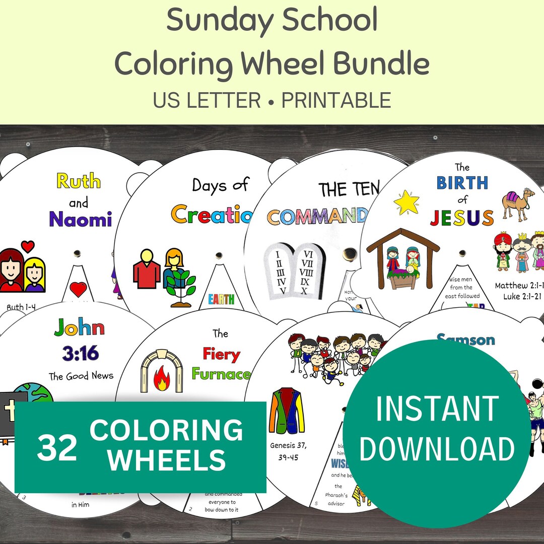 Sunday School Coloring Wheel Bundle, 32 Printable Sunday School Craft ...