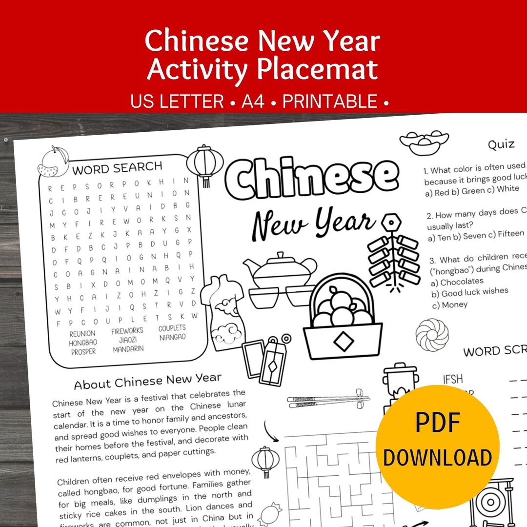 Chinese New Year Activity Placemat, Printable Classroom Worksheet ...