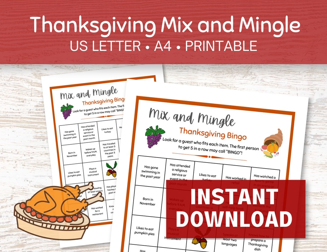 Thanksgiving Mix and Mingle Bingo, Find the Guest, Thanksgiving Games ...