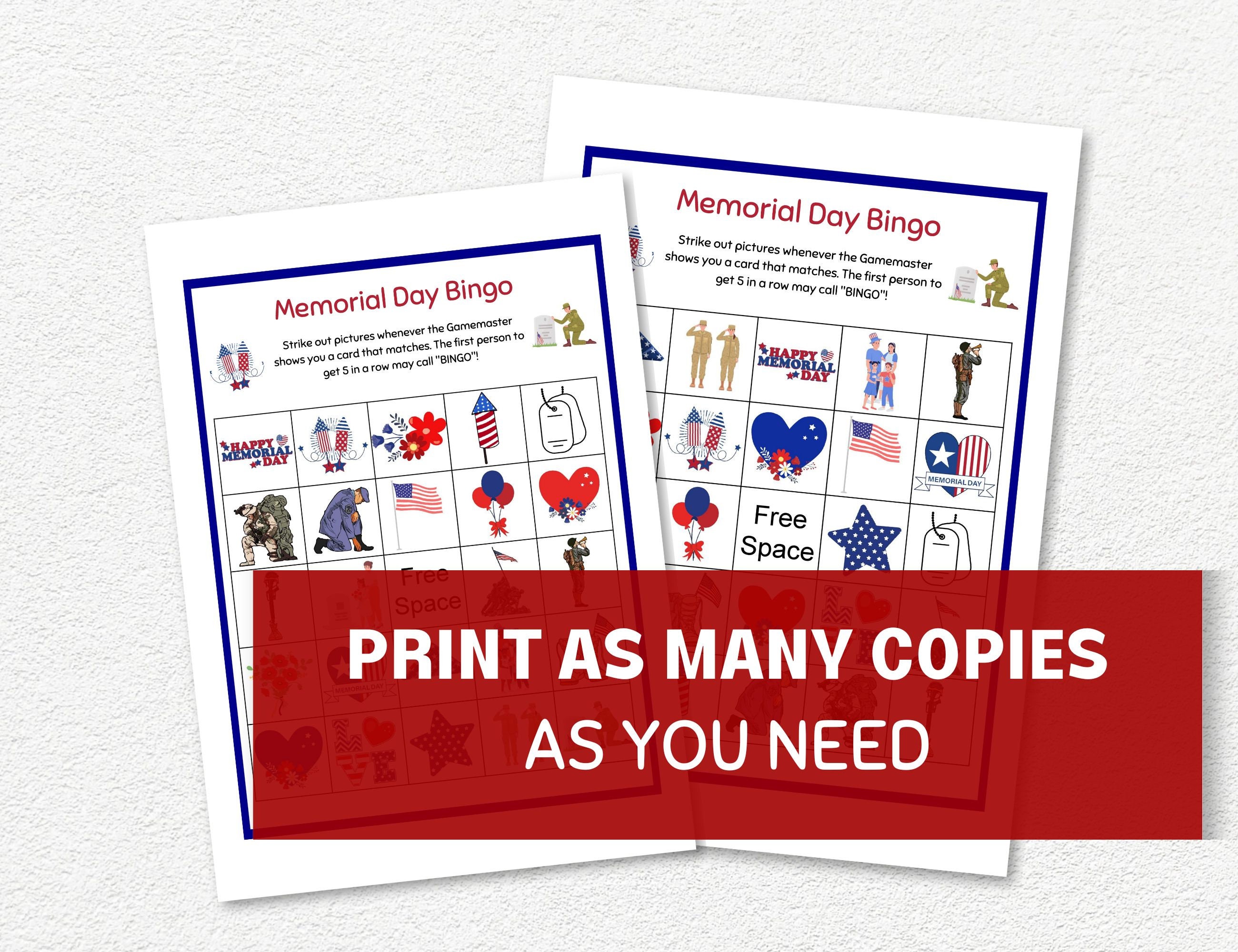 Memorial Day Bingo Cards, 50 Printable PDF Bingo Cards for Memorial Day ...