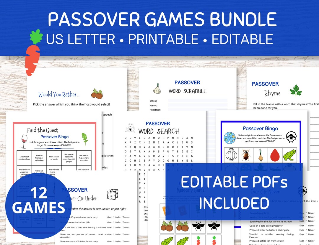 Passover Game Bundle Printable, 12 Editable Passover Activities for ...