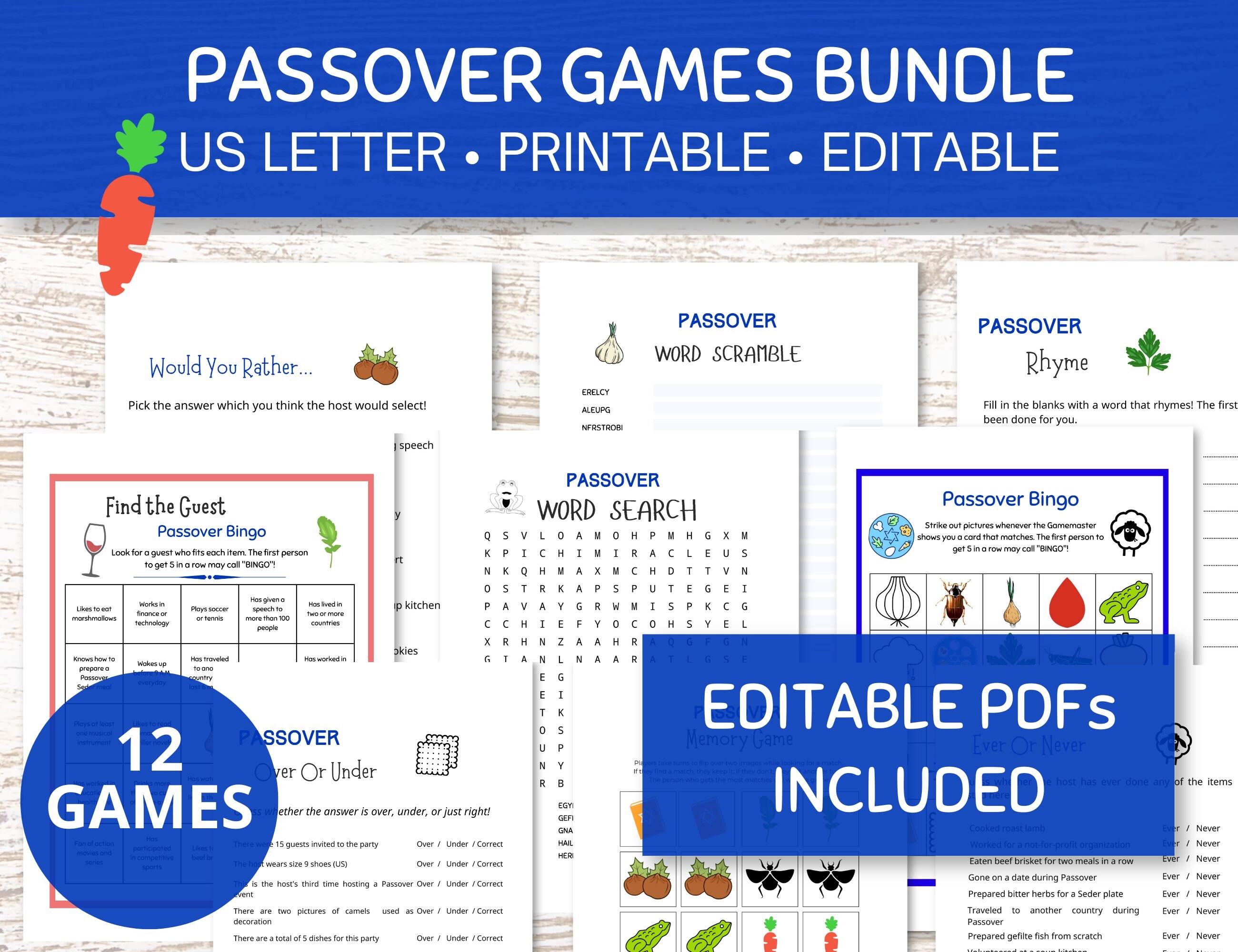 Passover Game Bundle Printable, 12 Editable Passover Activities for ...