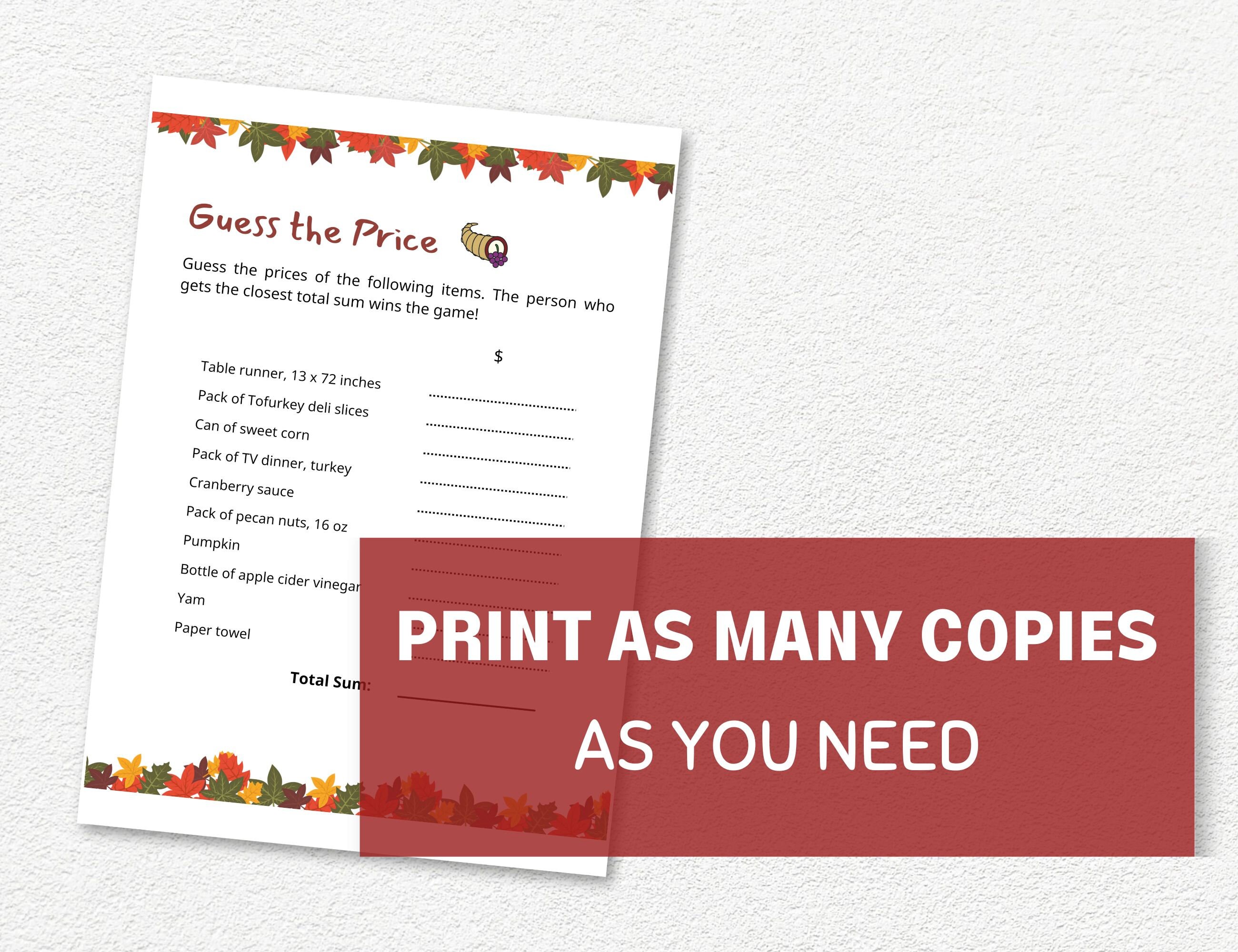 Thanksgiving Guess the Price Printable, Thanksgiving Guessing Game ...