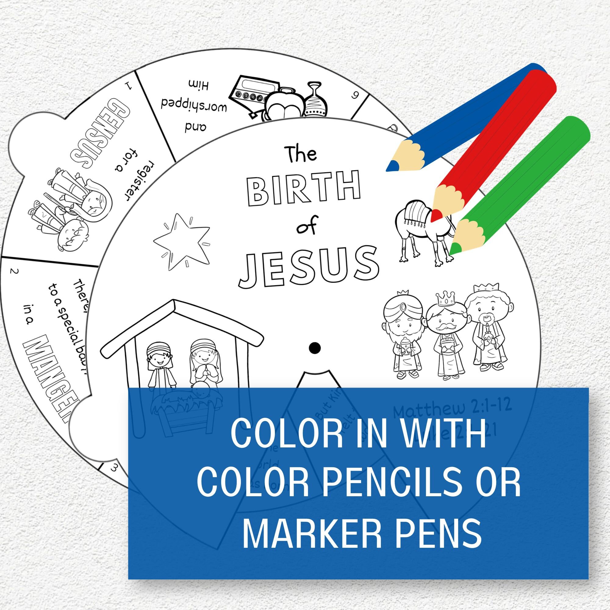 Birth of Jesus Coloring Wheel, Nativity Coloring Craft Printable, Kids ...