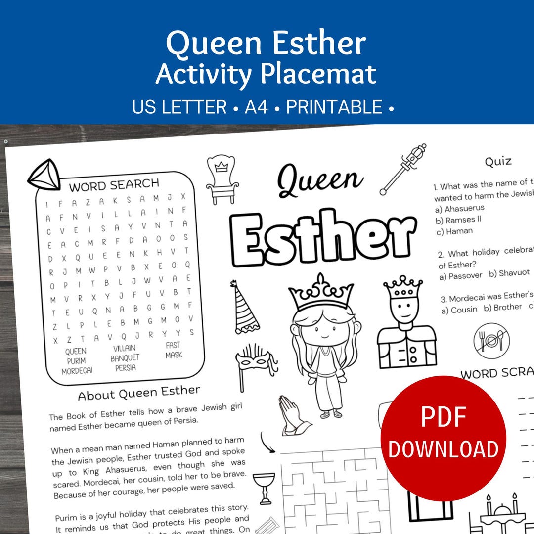 Queen Esther Activity Placemat, Purim Coloring Page and Kids Activities ...