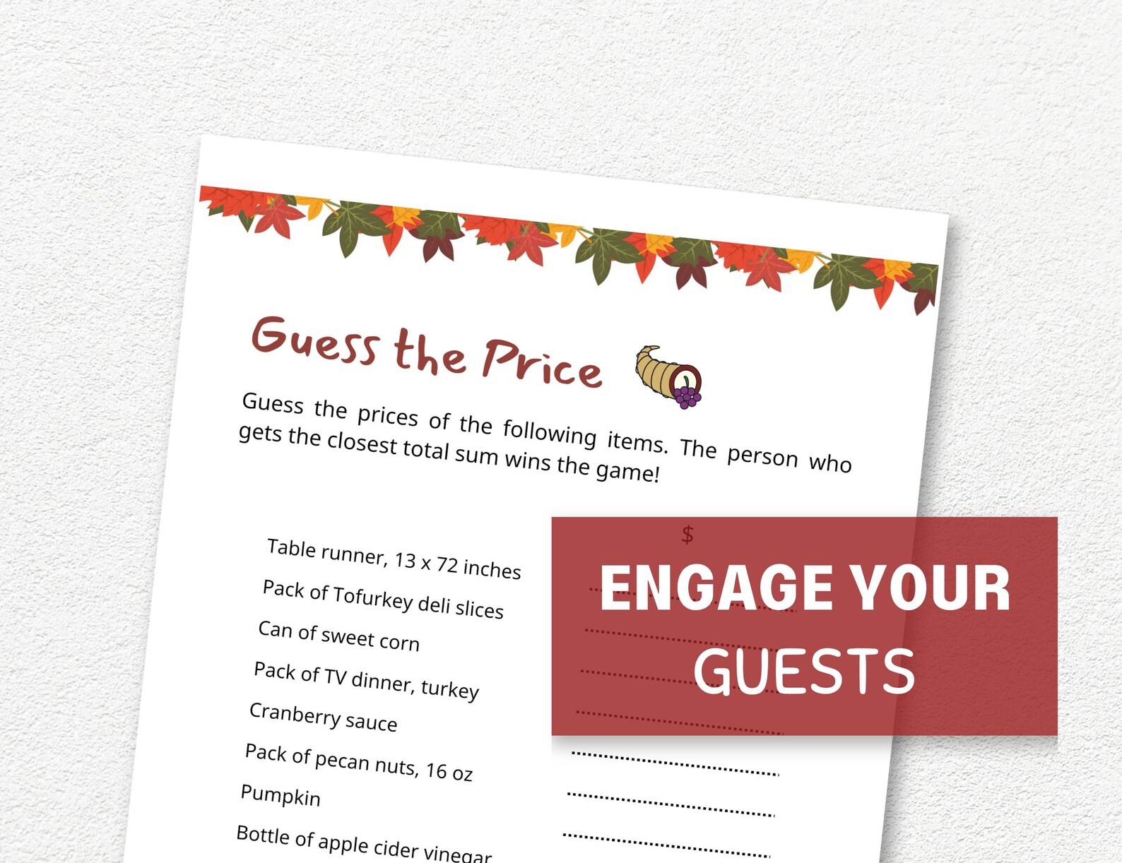 Thanksgiving Guess the Price Printable, Thanksgiving Guessing Game ...