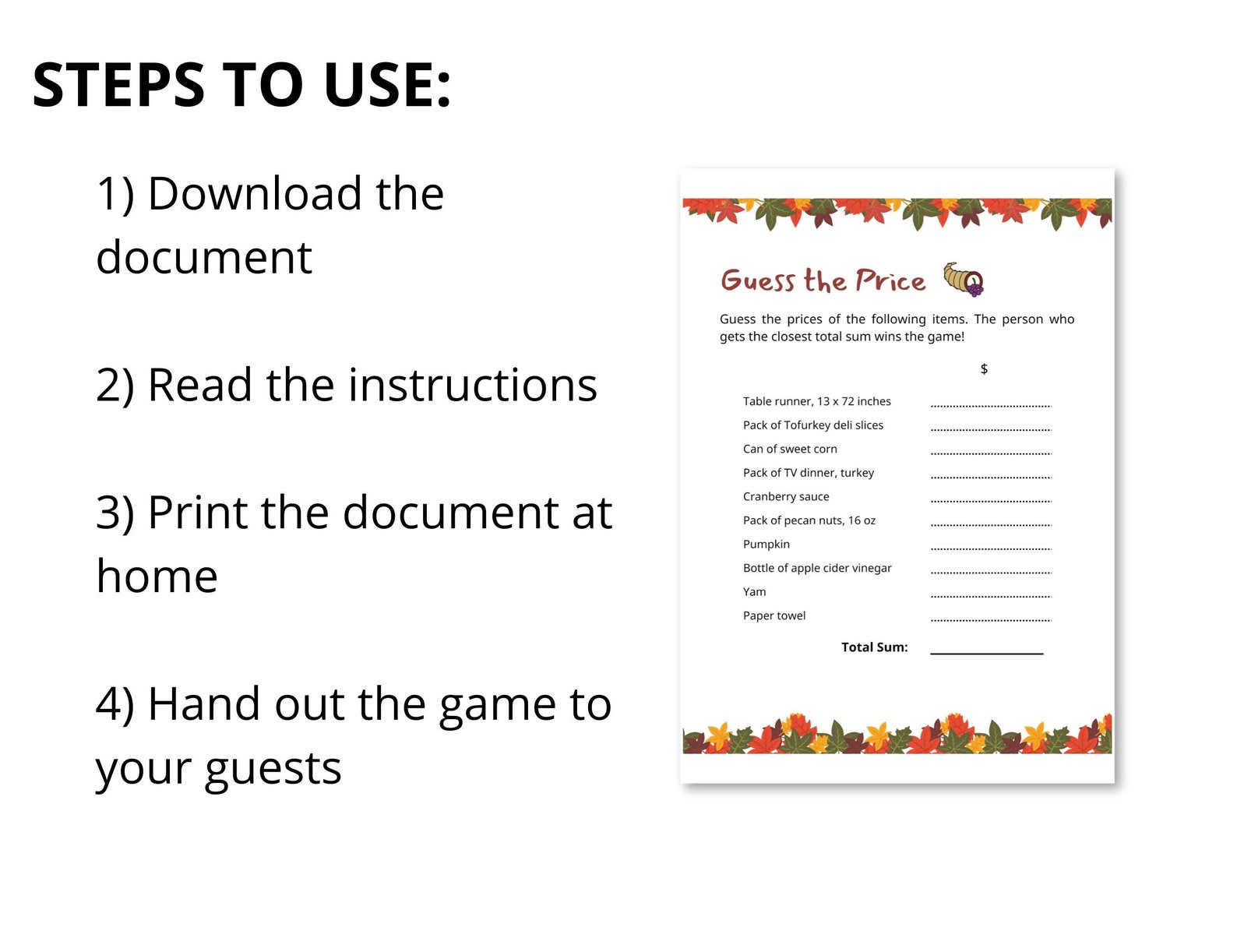 Thanksgiving Guess the Price Printable, Thanksgiving Guessing Game ...