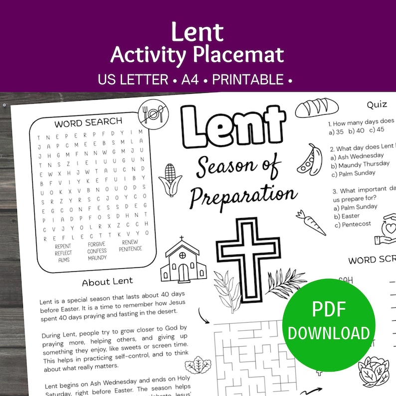 Lent Activity Placemat, Printable Sunday School Games, Ash Wednesday ...