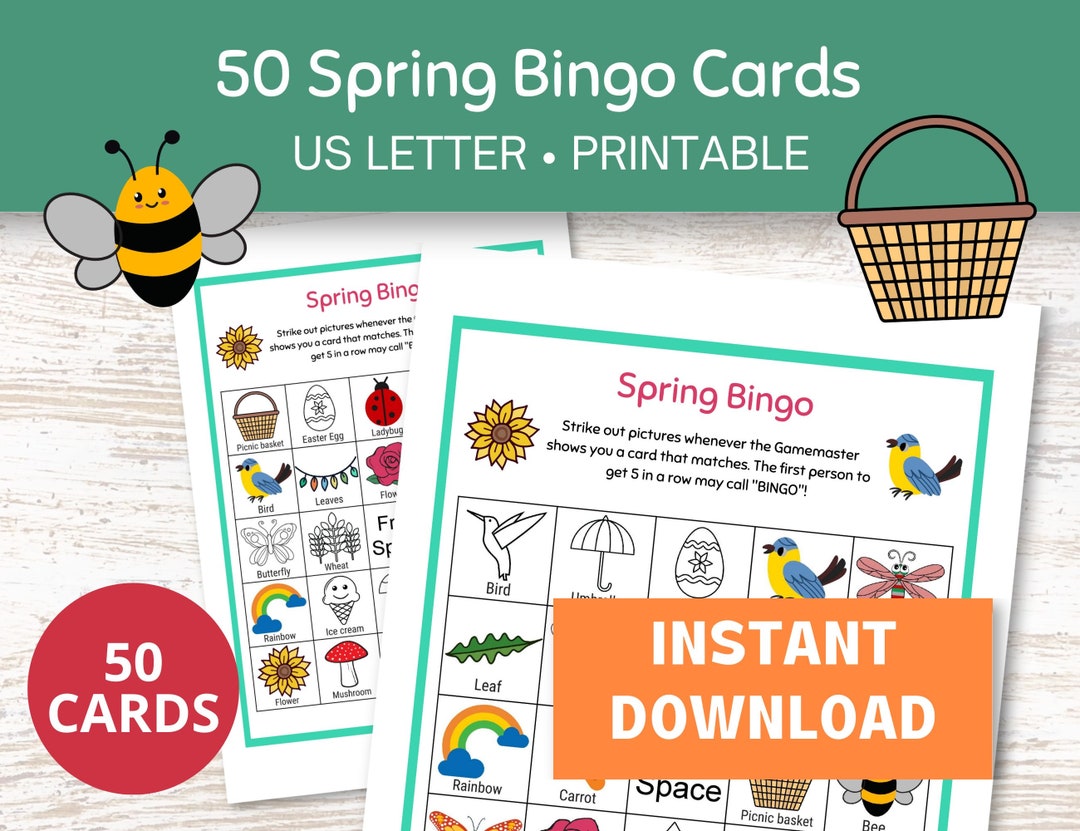 Spring Bingo Cards Printable, Seasonal Bingo 50 Cards, Labeled Pictures ...