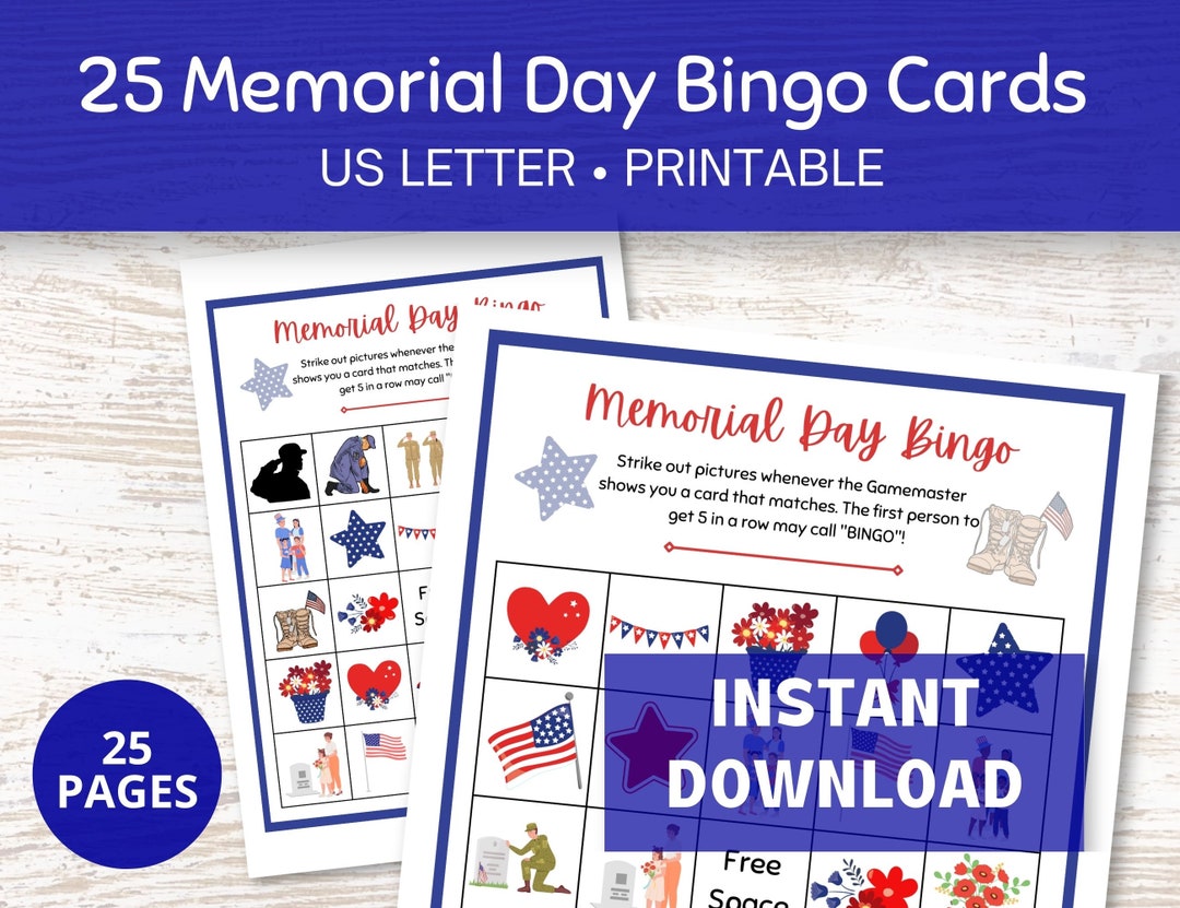 Memorial Day Bingo, 25 Cards Patriotic Bingo, Memorial Day Games ...