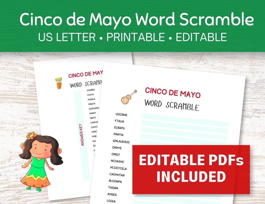 Cinco De Mayo Word Scramble, Printable Fiesta Games for Family, Word ...