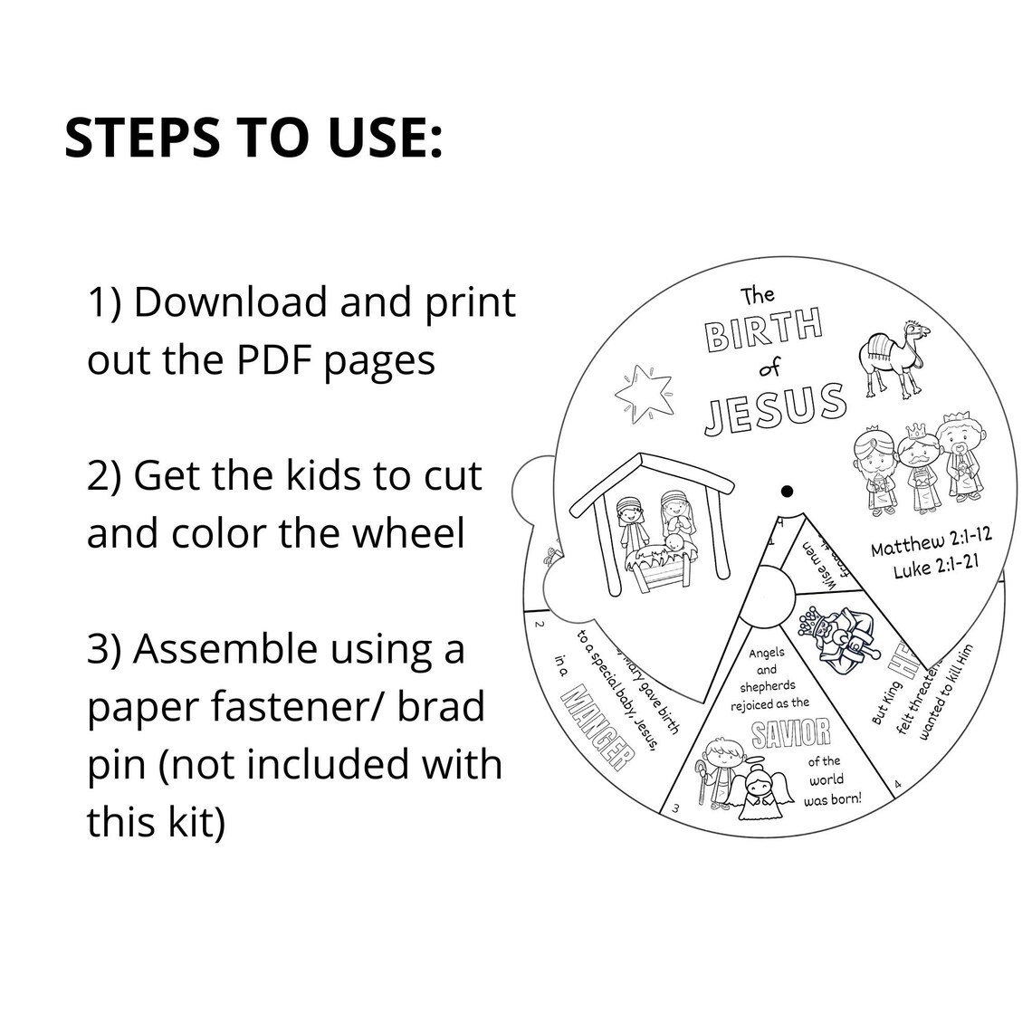 Birth of Jesus Coloring Wheel, Nativity Coloring Craft Printable, Kids ...