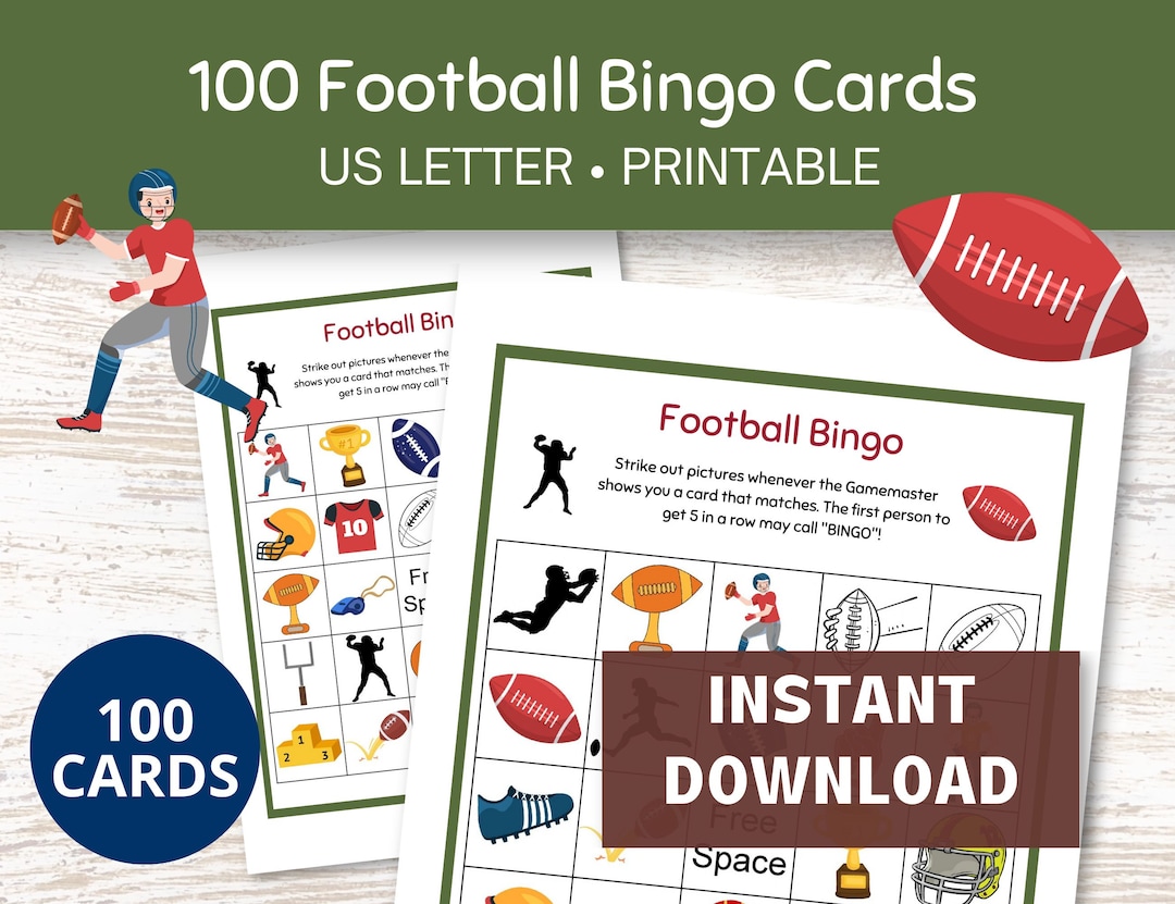 Football Bingo, 100 Bingo Cards Printable, American Football and Sports ...