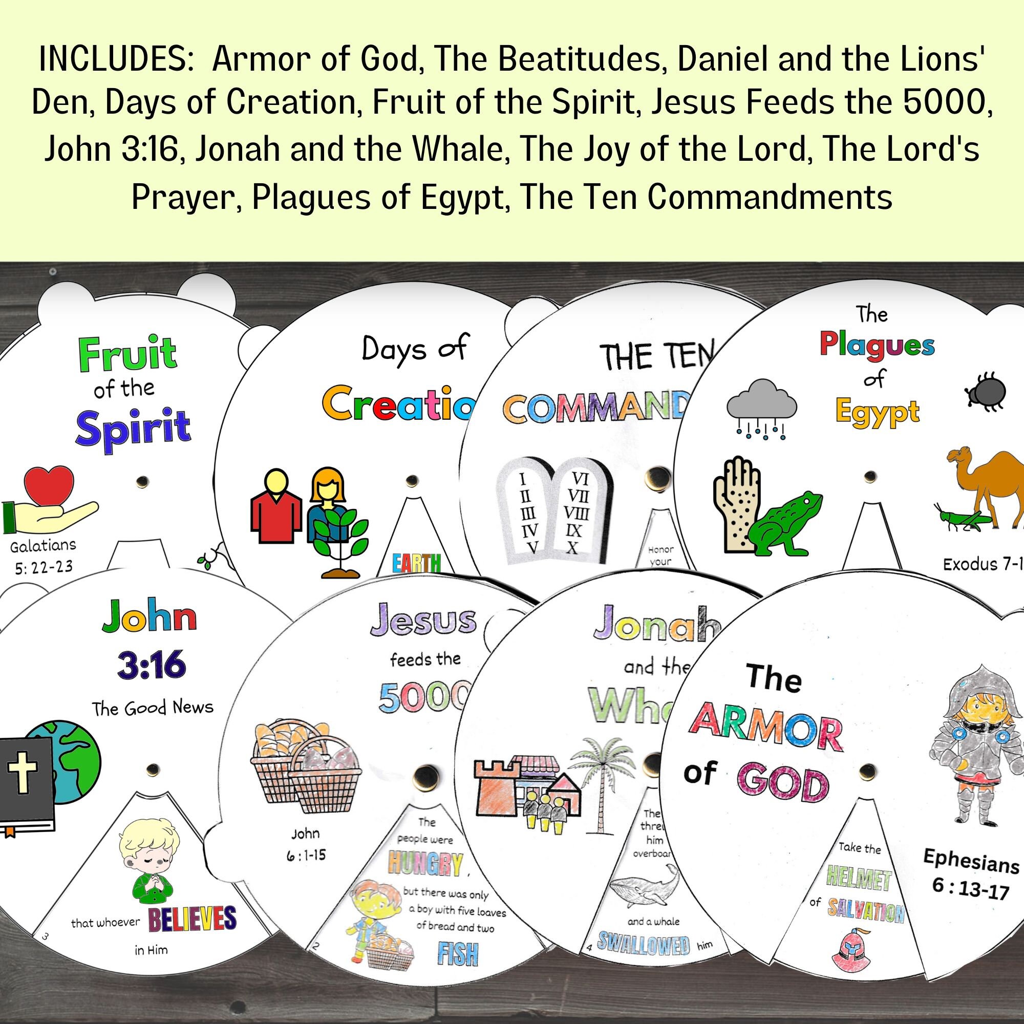 Sunday School Coloring Wheel Bundle, 12 Printable Sunday School Craft ...
