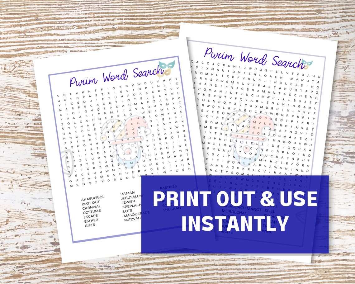 Purim Word Search Printable, Party Games for Family, 2 Printable Word ...