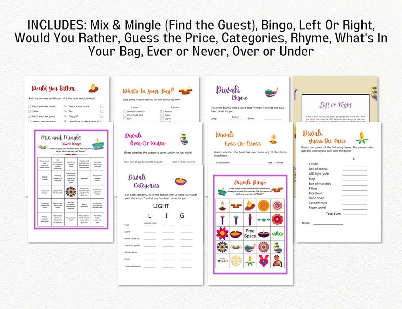 Diwali Games Bundle, 10 Printable Party Games for Kids and Adults, Mix ...