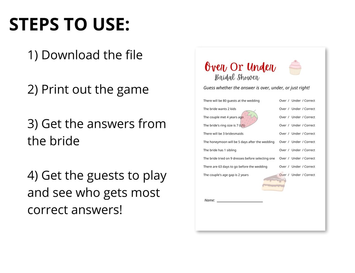 Over or Under Bridal Shower Game Guess the Number Bridal - Etsy