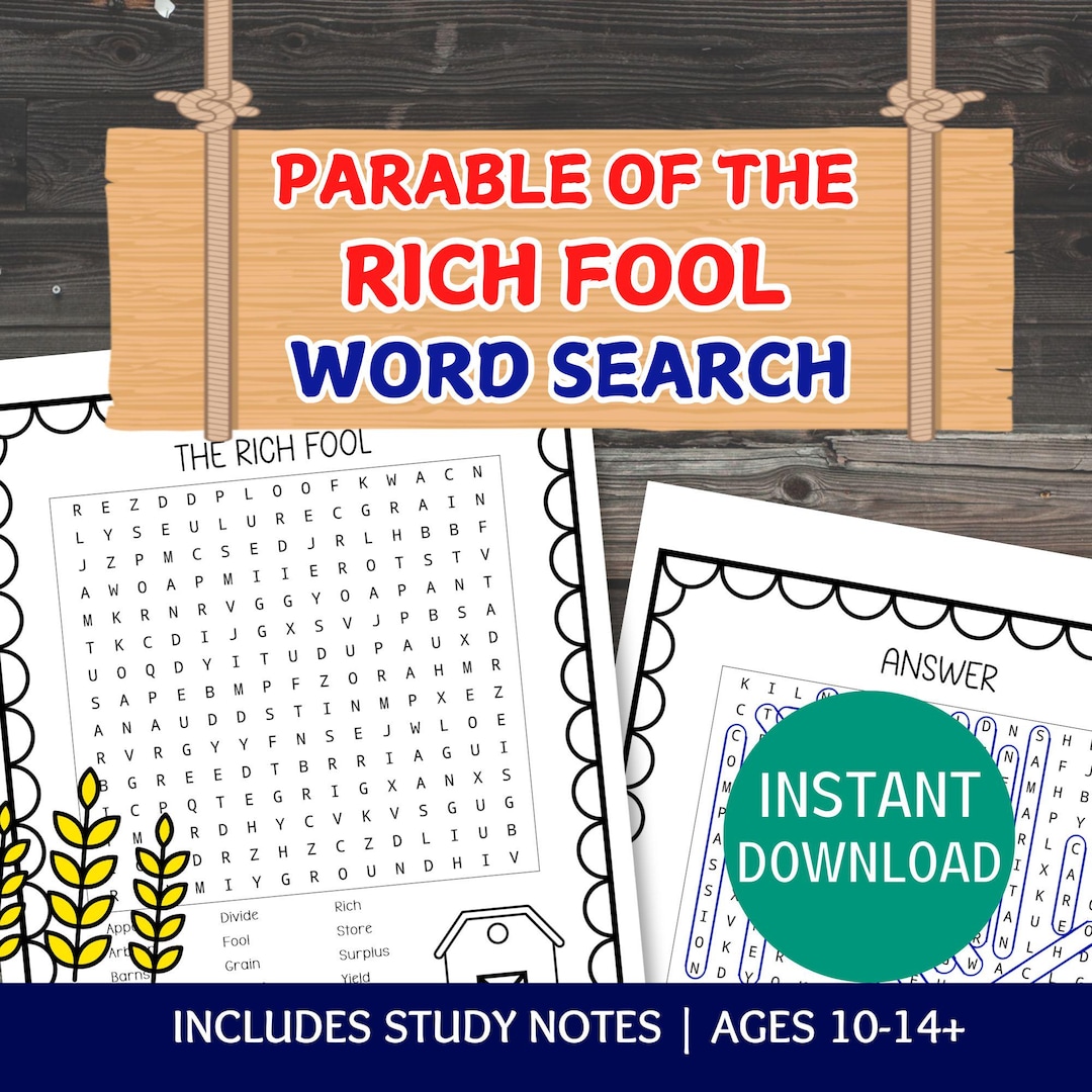 Parable of the Rich Fool Word Search, Printable Sunday School Lesson ...